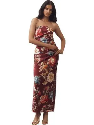 Bhldn Strapless Ruched Floral Stretch Satin Midi Dress - Brown Floral