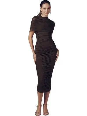 SEROYA Roberta Ruched Mesh Midi Dress - Ash Brown