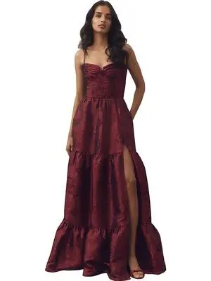 V. CHAPMAN Lucetta Corset Tiered Brocade Maxi Dress - Garnet Baroque Floral