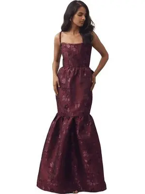 V. CHAPMAN Cherie Off-shoulder Corset Brocade Maxi Dress - Plum Baroque Floral