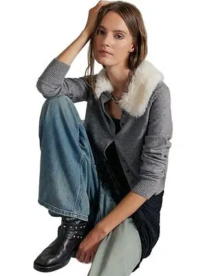 Free People Faux Fur Collar Cardigan - Silver Filigree