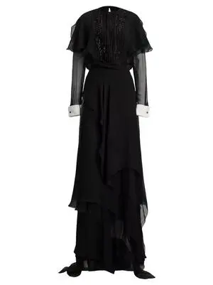 Ralph Lauren Beaded Pleated Silk Maxi Gown - Black