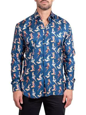 MACEOO Fibonacci Ascension 0220 Pin-up Print Contemporary Fit Button-up Shirt - Blue