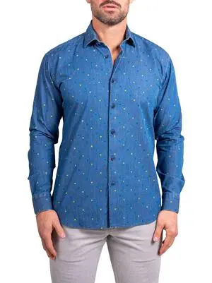 MACEOO Engineered Ascension0092 Dot Print Cotton Button-up Shirt - Blue
