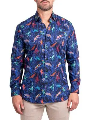 MACEOO Fibonacci Ascension 0213 Jungle Print Contemporary Fit Button-up Shirt Blue