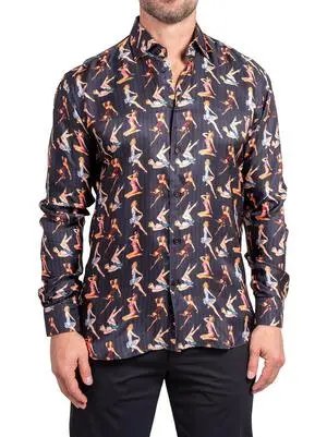 MACEOO Fibonacci Ascension 0221 Pin-up Print Contemporary Fit Button-up Shirt - Black