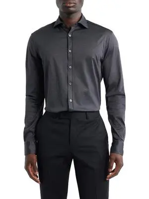 Canali Regular Fit Cotton Jersey Button-up Shirt - Charcoal