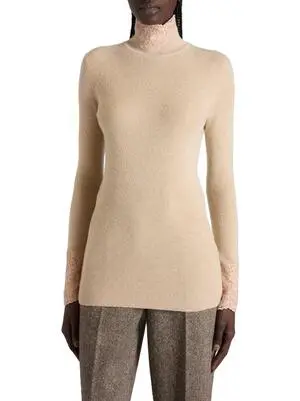 Valentino Garavani Lace Detail Cashmere Mock Neck Sweater - White/rose