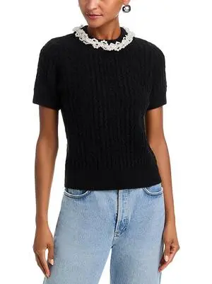 Aqua Faux Pearl Embellished Short Sleeve Sweater - Black