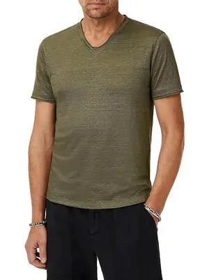 John Varvatos Wooster Slim Fit V Neck Linen Tee - Moss Green