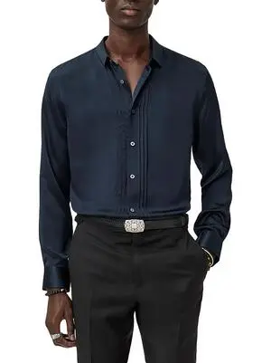 John Varvatos Albany Button Front Silk Shirt - Navy