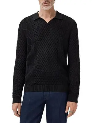 John Varvatos Haynes Open Collar Cable Knit Polo Sweater - Black