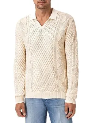 John Varvatos Haynes Open Collar Cable Knit Polo Sweater - Ecru