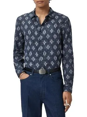 John Varvatos Ross Slim Fit Printed Button Front Shirt - Titanium Blue