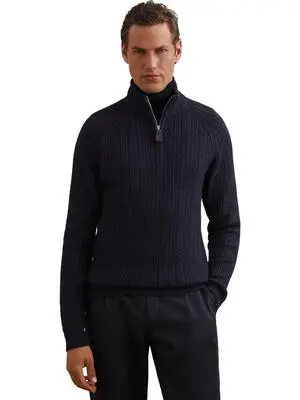 REISS Loxley Cable-knit Half-zip Jumper With Wool - Navy