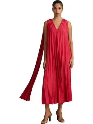 REISS Loreli Pleated Cape Sleeve Midi Dress - Coral