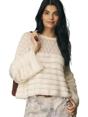 PILCRO Boatneck Ruffled Pointelle Swing Sweater - Eggnog