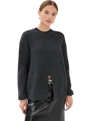 Tibi Cardigan Stitch Split Front Crew Neck Pullover - Dark Heather Grey