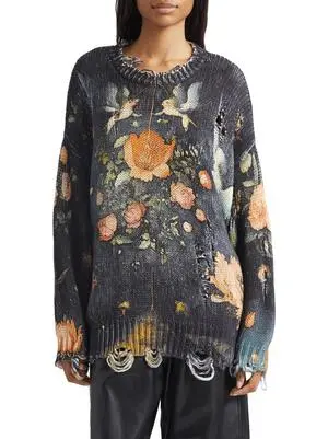 R13 Oversized Distressed Floral Sweater - Multicolor Black