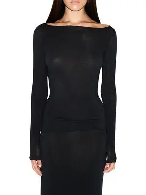 SKIMS Sheer Modal Blend Long Sleeve Boat Neck Top - Onyx