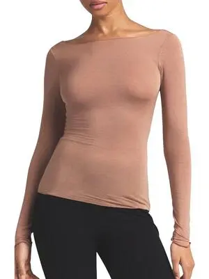 SKIMS Sheer Modal Blend Long Sleeve Boat Neck Top - Sienna