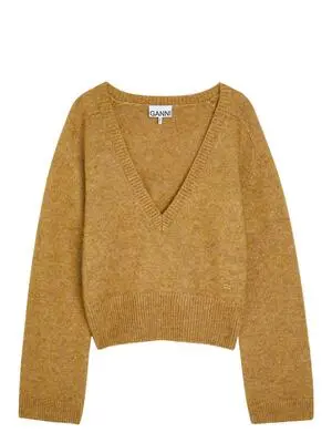 GANNI Melange Brushed Wool-blend V-neck Jumper - Multicoloured
