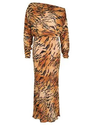 NEVER FULLY DRESSED Tiger-print Chiffon Midi Dress - Brown