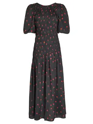 NEVER FULLY DRESSED Rose-print Shirred Woven Midi Dress - Black