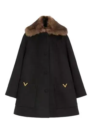 Valentino Garavani Buttoned Coat With Shearling Collar - Black