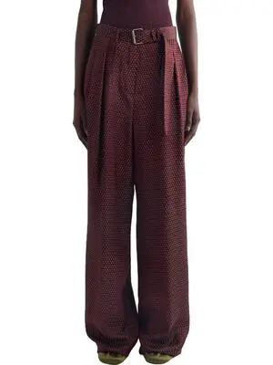 Dries Van Noten Belted Ikat Jacquard Wide Leg Pants - Burgundy