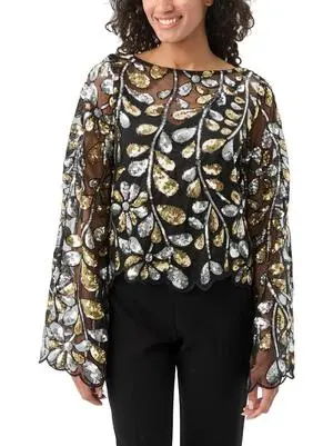 Trina Turk Sequin Embellished Top With Fringe - Black/gold