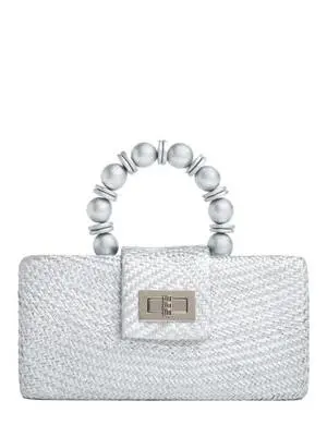SOLI & SUN Woven Straw Clutch With Wooden Bead Handle - Silver