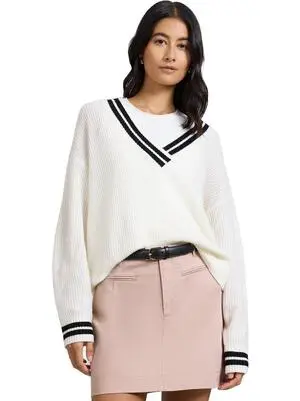 Onia Deep V-neck Varsity Pullover Sweater - Off White/black
