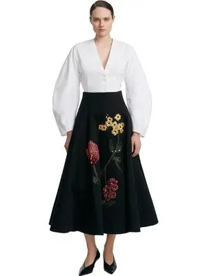 Lela Rose Floral Embroidery Parker Skirt - Black