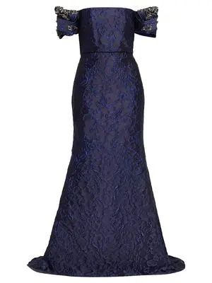 Badgley Mischka Beaded Off-shoulder Trumpet Gown - Cobalt