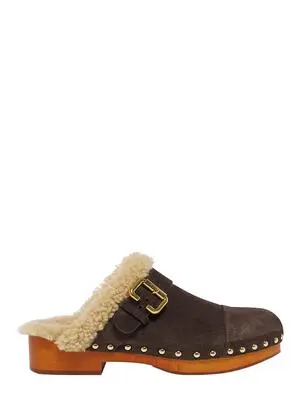 Chloé Jeanette Suede Shearling-lined Clogs - Burnt Wood