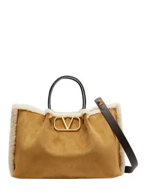 Valentino Garavani Vlogo Medium Suede Tote - Beige