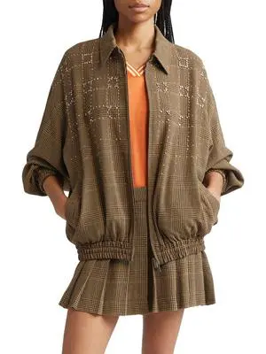 GOLDEN GOOSE Journey Glen Plaid Crystal Embellished Wool Bomber - Brown/beige