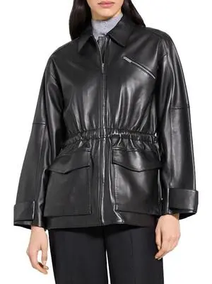 Theory Cinch Waist Leather Moto Jacket - Black