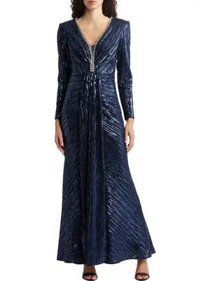 Eliza J Embellished Long Sleeve Mermaid Gown - Navy