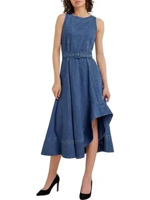 FREEMARKET Sleeveless Belted Denim Midi Dress - Indigo