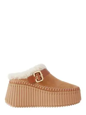 Chloé Nama Buckled Shearling-lined Platform Mules - Brown