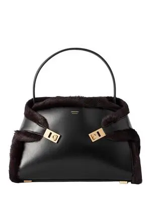 FERRAGAMO Hug Shearling-trimmed Leather Shoulder Bag - Black