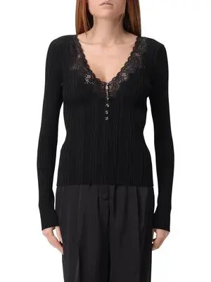 SELF-PORTRAIT Ribbed Lace Trim Top - Black