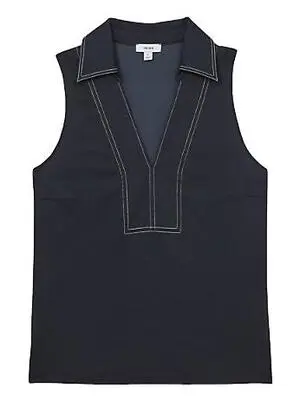 REISS Woven Collared Sleeveless Top - Navy Ivory