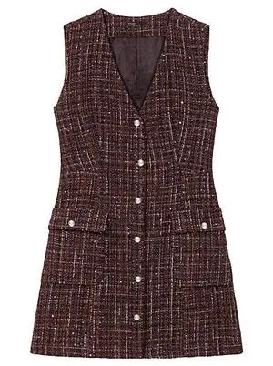 Maje V-neck Tweed Mini Dress With Side Pockets - Brown