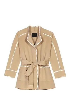 Maje Embroidered-trim High-neck Wool-blend Coat - Camel