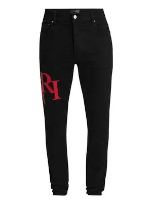 Amiri Staggered Leather Logo Skinny Jeans - Black Red