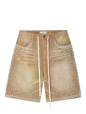 VALE FOREVER Jewelled-pearl Denim Shorts - Brown