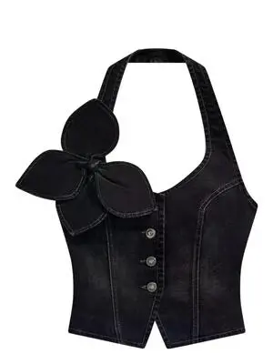 AREA Bow Denim Halter Top - Black